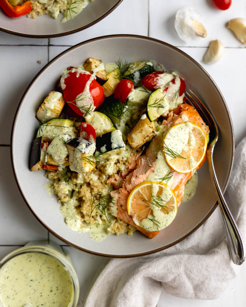 Quick Mediterranean Baked Salmon & Quinoa Bowls • Daisybeet