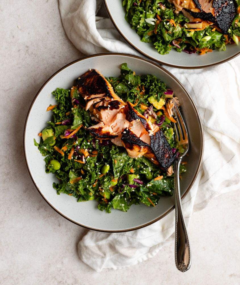 Chopped Kale & Salmon Salad with Sesame Ginger Miso Dressing • Daisybeet