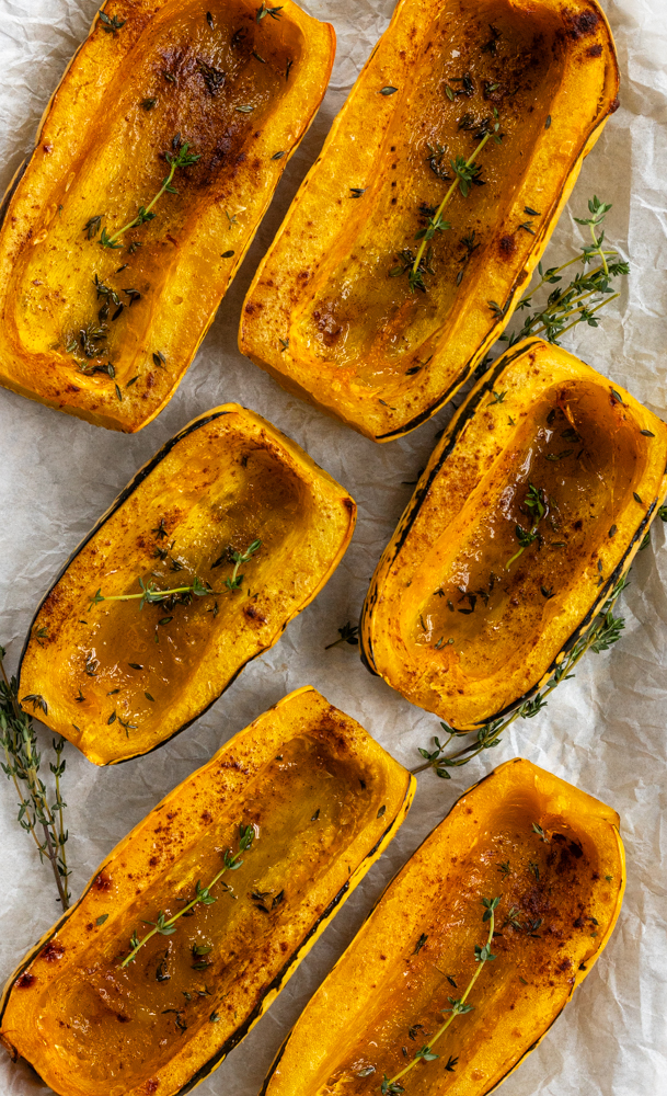 Simple Roasted Delicata Squash Halves with Maple & Thyme • Daisybeet