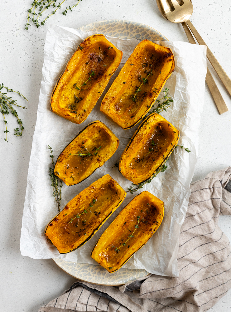Simple Roasted Delicata Squash Halves with Maple & Thyme • Daisybeet