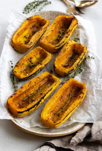 Simple Roasted Delicata Squash Halves with Maple & Thyme • Daisybeet